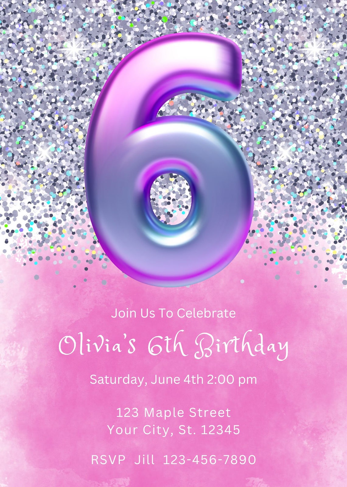 Editable Pink 6th Birthday Invitation Template Glitter Birthday Party ...