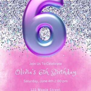 Editable Pink 6th Birthday Invitation Template Glitter Birthday Party ...
