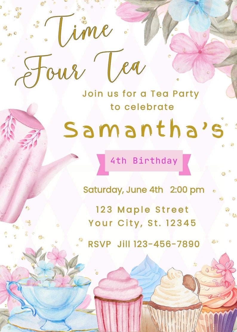 Editable Fourth Birthday Invitation Template Time Four Tea 4th Birthday ...