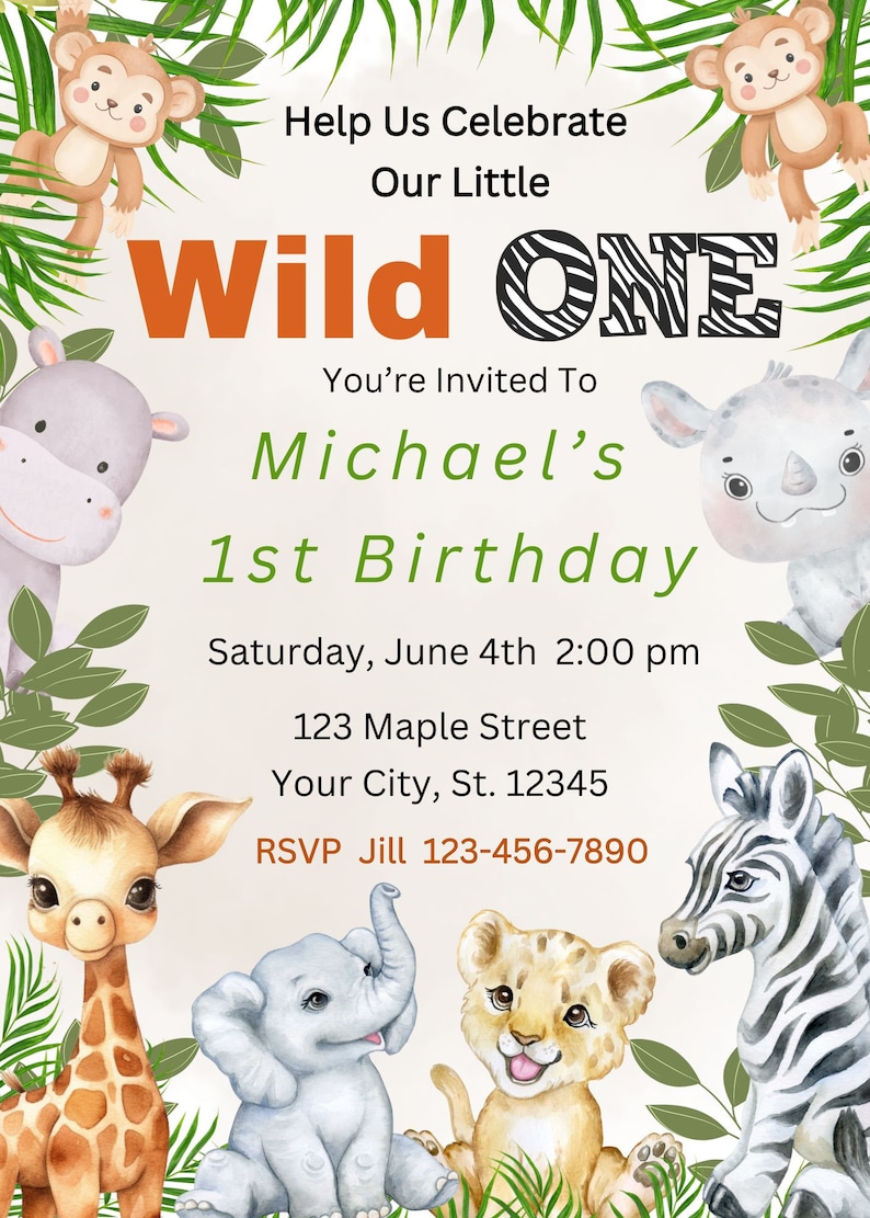 EDITABLE Safari Birthday Invitation, Wild One 1st Birthday Invite ...