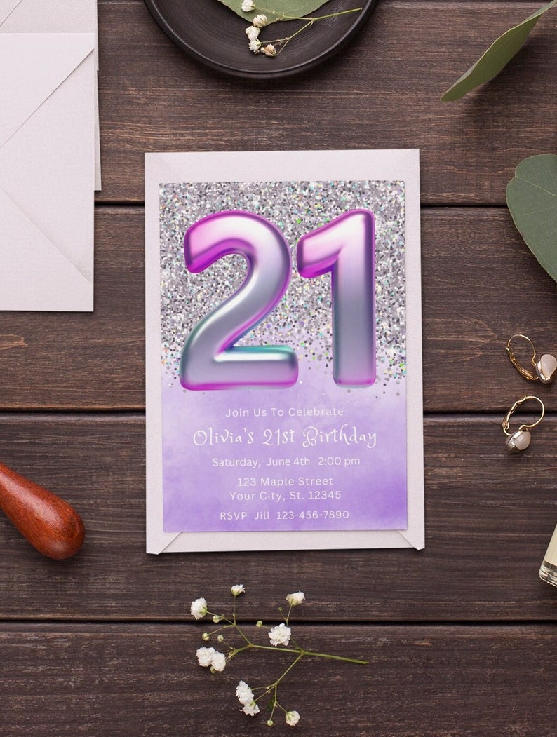 21st Birthday Invitation Template Purple Glitter Birthday Party Invite ...