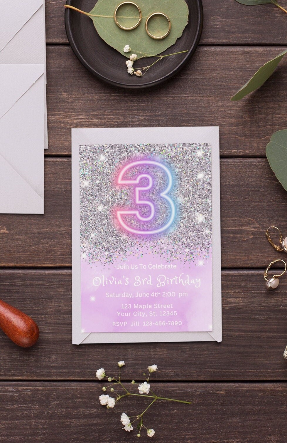 Editable 3rd Birthday Invitation Template Purple Glitter Birthday Party ...
