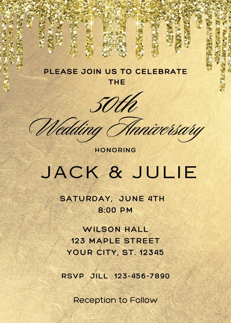 Editable Black and Gold Anniversary Invitation Template Gold Glitter ...