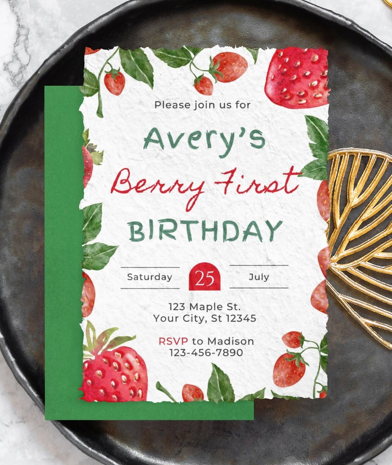Berry Sweet 1st Birthday Invitation Template EDITABLE Strawberry ...