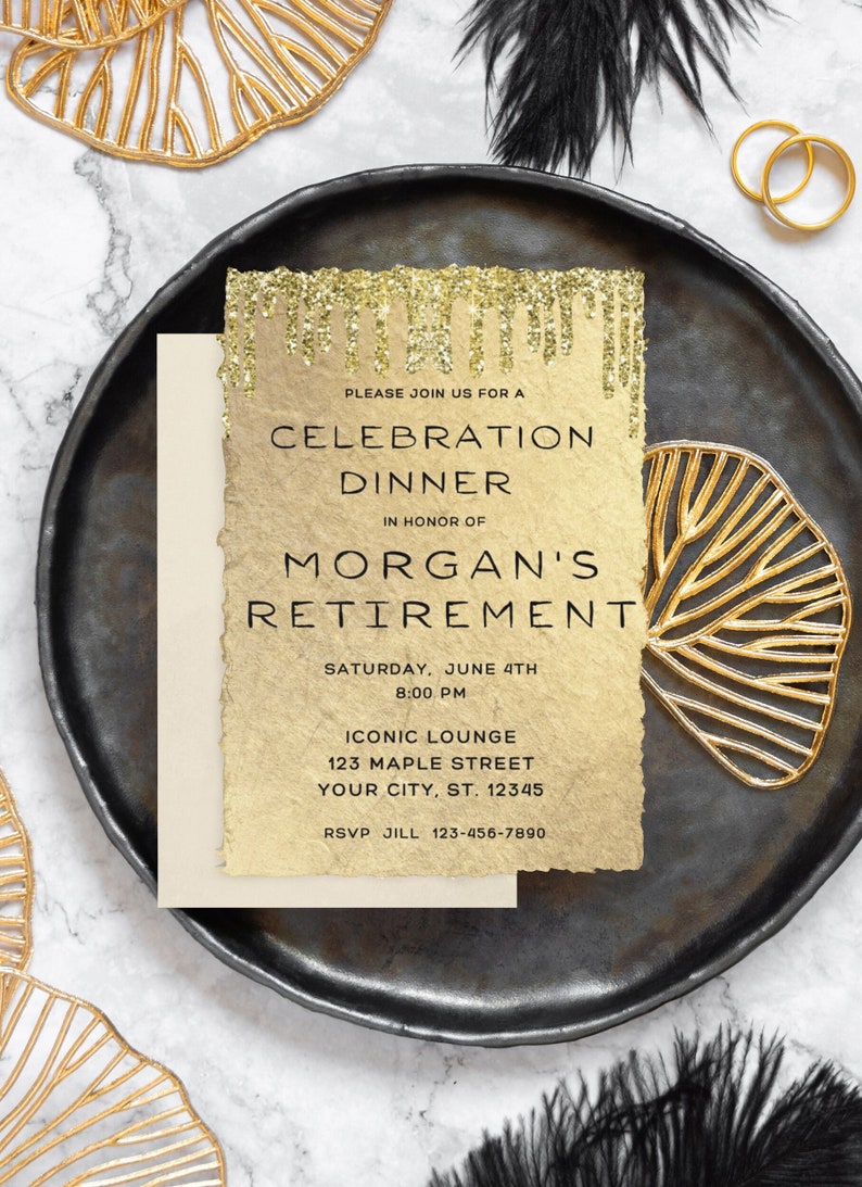 Gold Glitter Retirement Invitation Template Editable Black and Gold ...