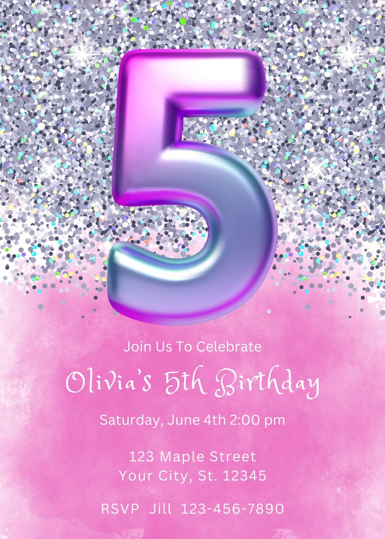 Editable Pink 5th Birthday Invitation Template Glitter Birthday Party Invite Rainbow Foil Girl ...