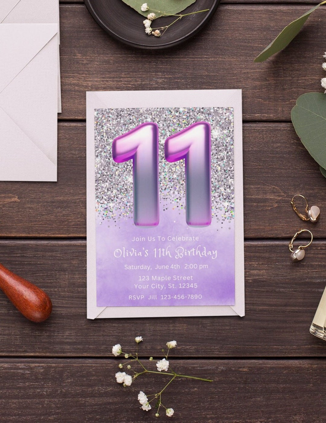Girl 11th Birthday Invitation Template Purple Glitter Birthday Party ...