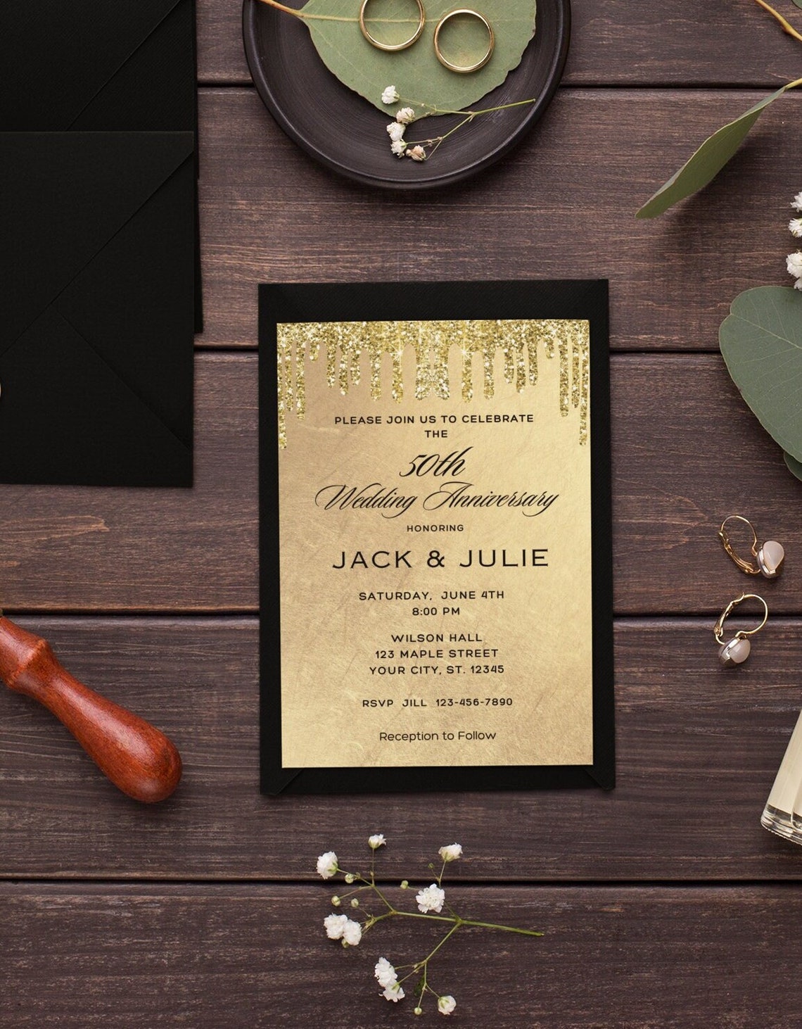 Editable Black and Gold Anniversary Invitation Template Gold Glitter ...