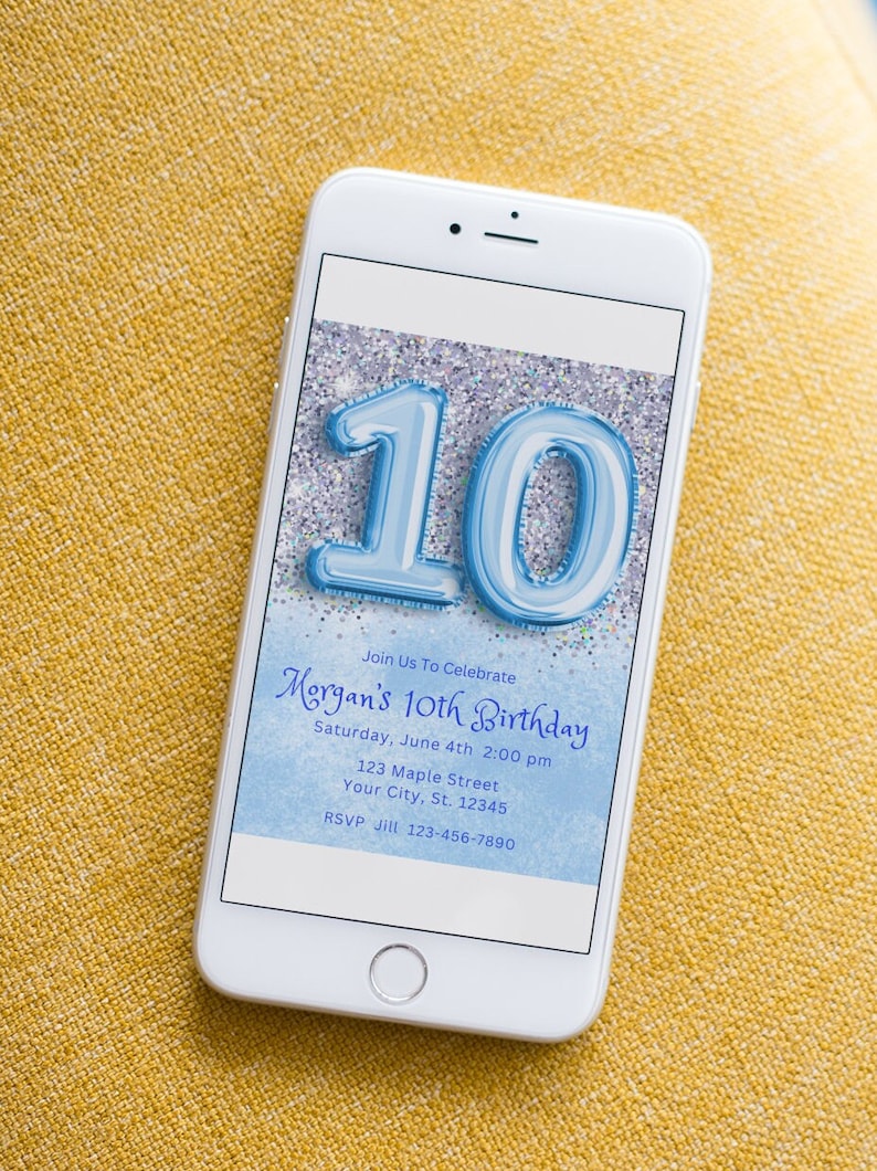 Editable 10th Birthday Invitation Template Blue Glitter Birthday Party ...