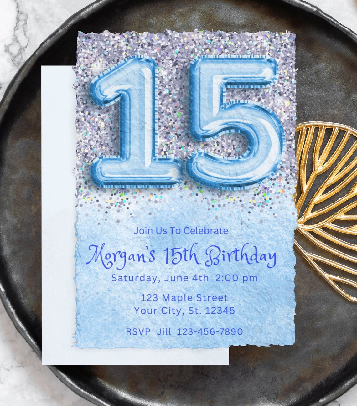 Editable 15th Birthday Invitation Template Blue Glitter Birthday Party Quinceanera Fifteenth ...
