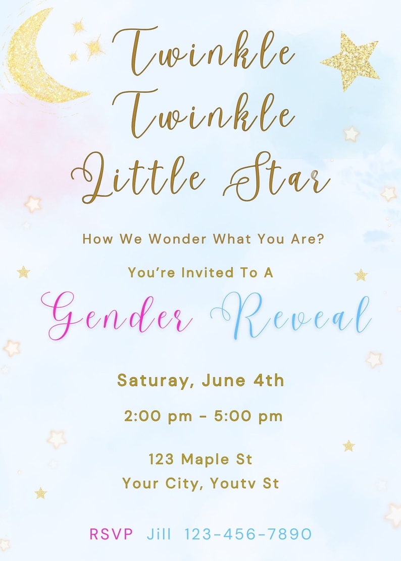 Twinkle Twinkle Little Star Gender Reveal Invitation Template Gold Moon ...