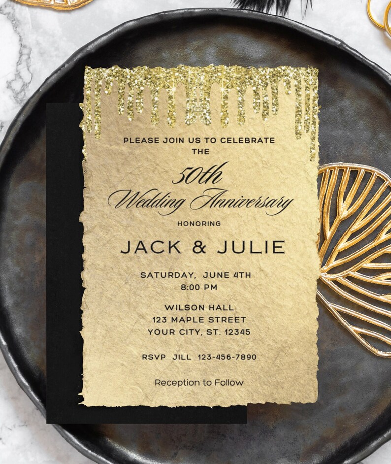 Editable Black and Gold Anniversary Invitation Template Gold Glitter ...