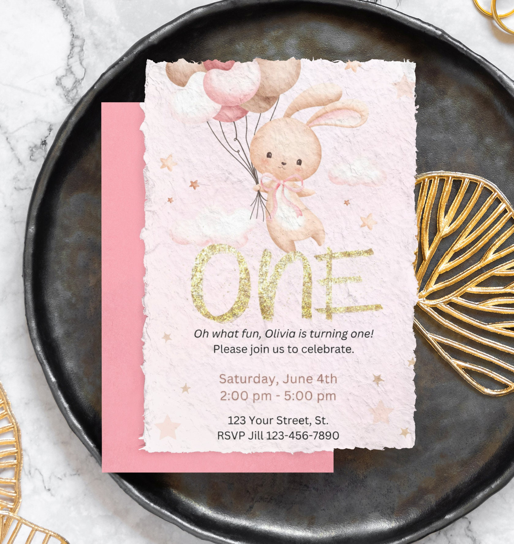 Bunny Birthday Invitation 1st Birthday Pink Balloon Rabbit Party Invite ...