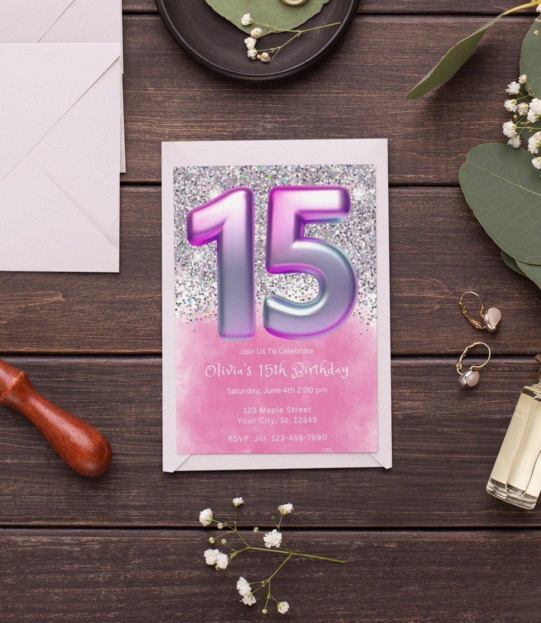 Editable Pink 15th Birthday Invitation Template Glitter Birthday Party Invite Quinceanera Girl ...