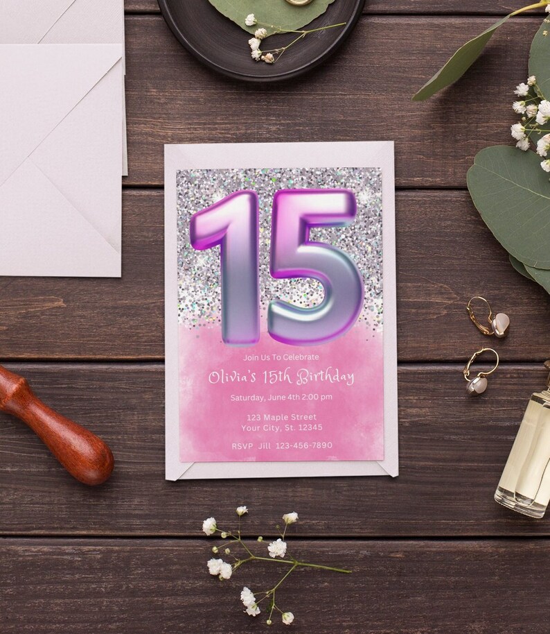 Editable Pink 15th Birthday Invitation Template Glitter Birthday Party ...