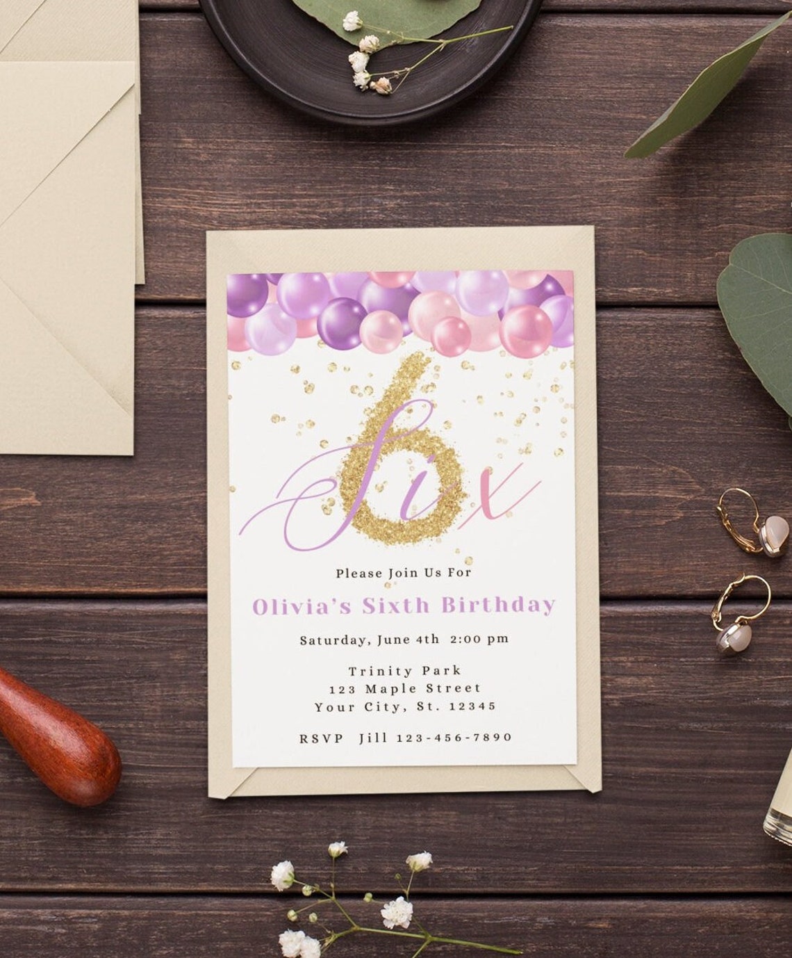 Sixth Birthday Invitation Template Pink and Purple 6th Birthday Invite ...