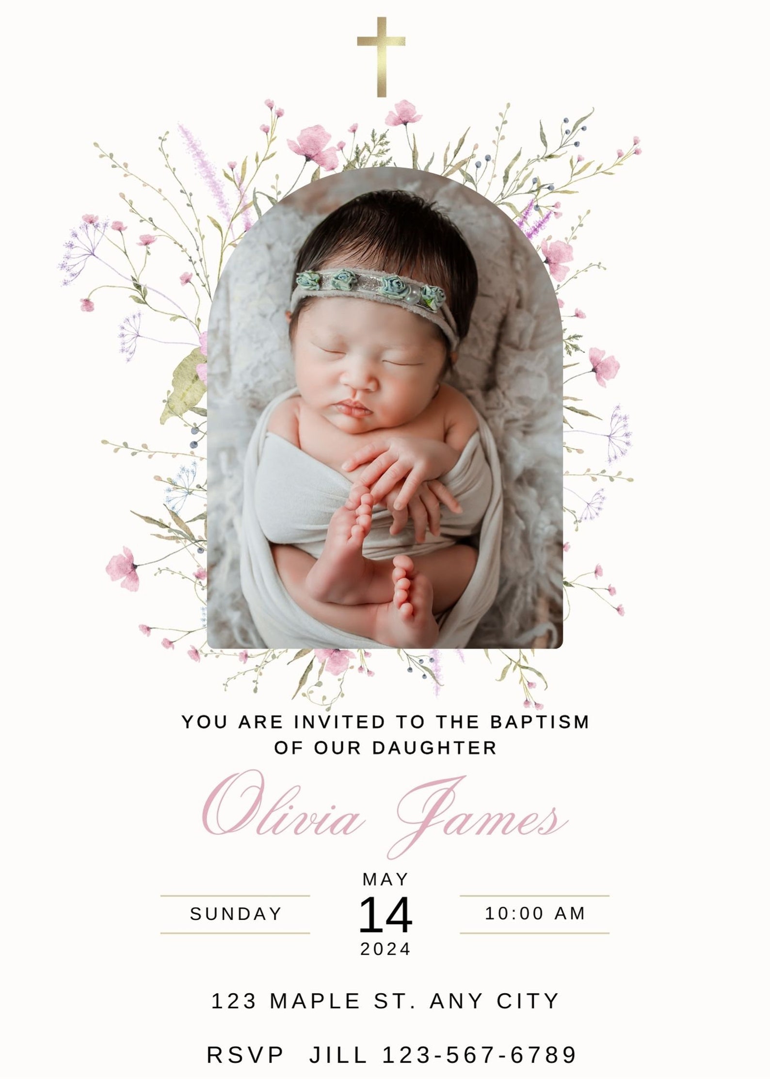 Editable Girl Baptism Invitation Template Pink Floral Christening ...