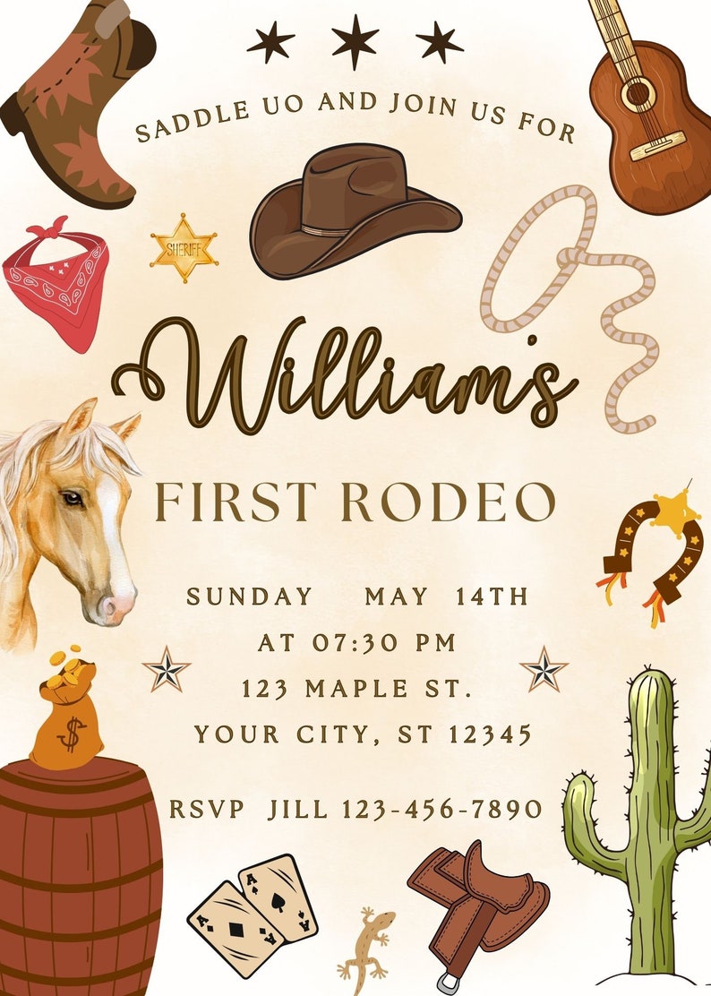 Editable My First Rodeo Invitation Cowboy Birthday Invite Wild West ...