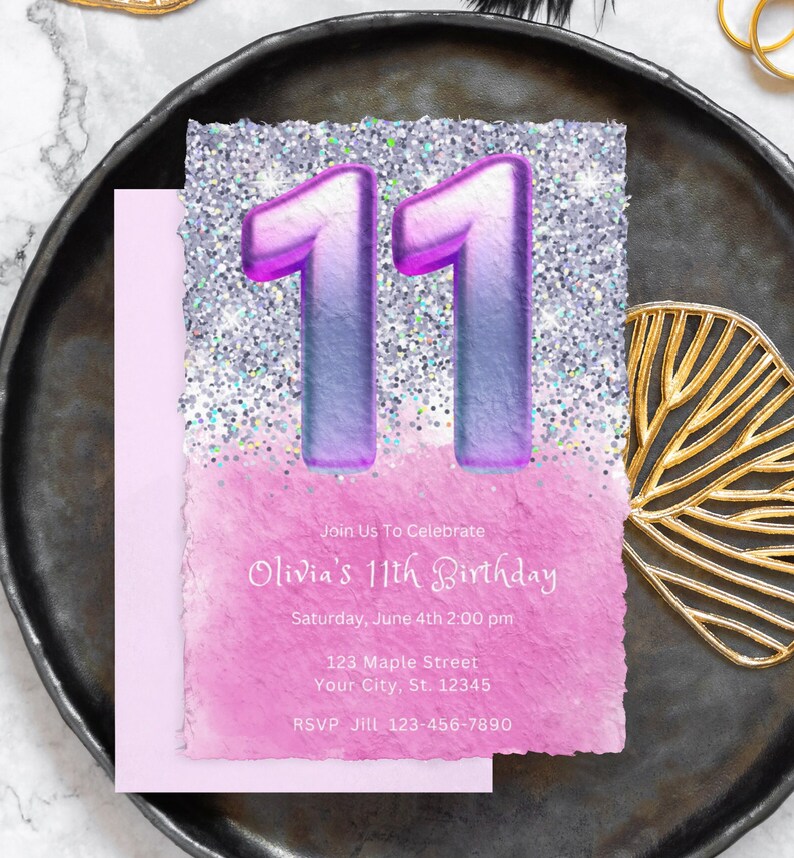 11th Birthday Invitation Template Pink Glitter Birthday Party Invite ...