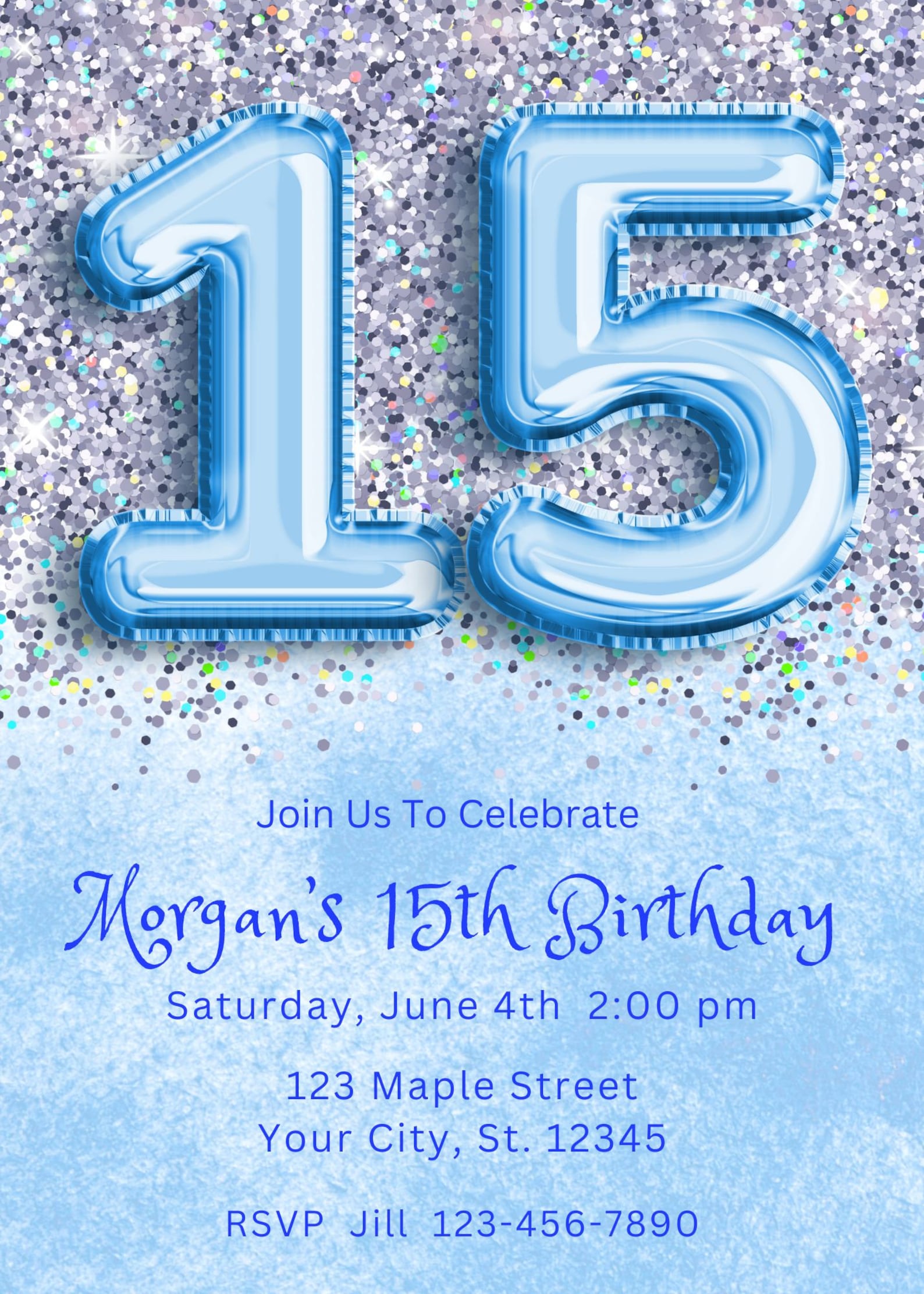 Editable 15th Birthday Invitation Template Blue Glitter Birthday Party ...