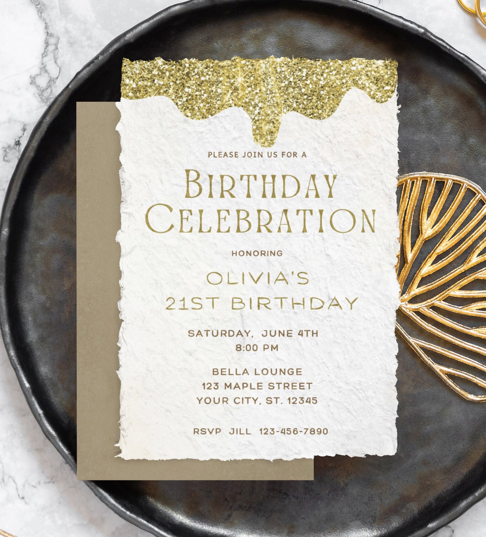 Editable Gold Birthday Invitation Template Gold Glitter Drip Dripping ...