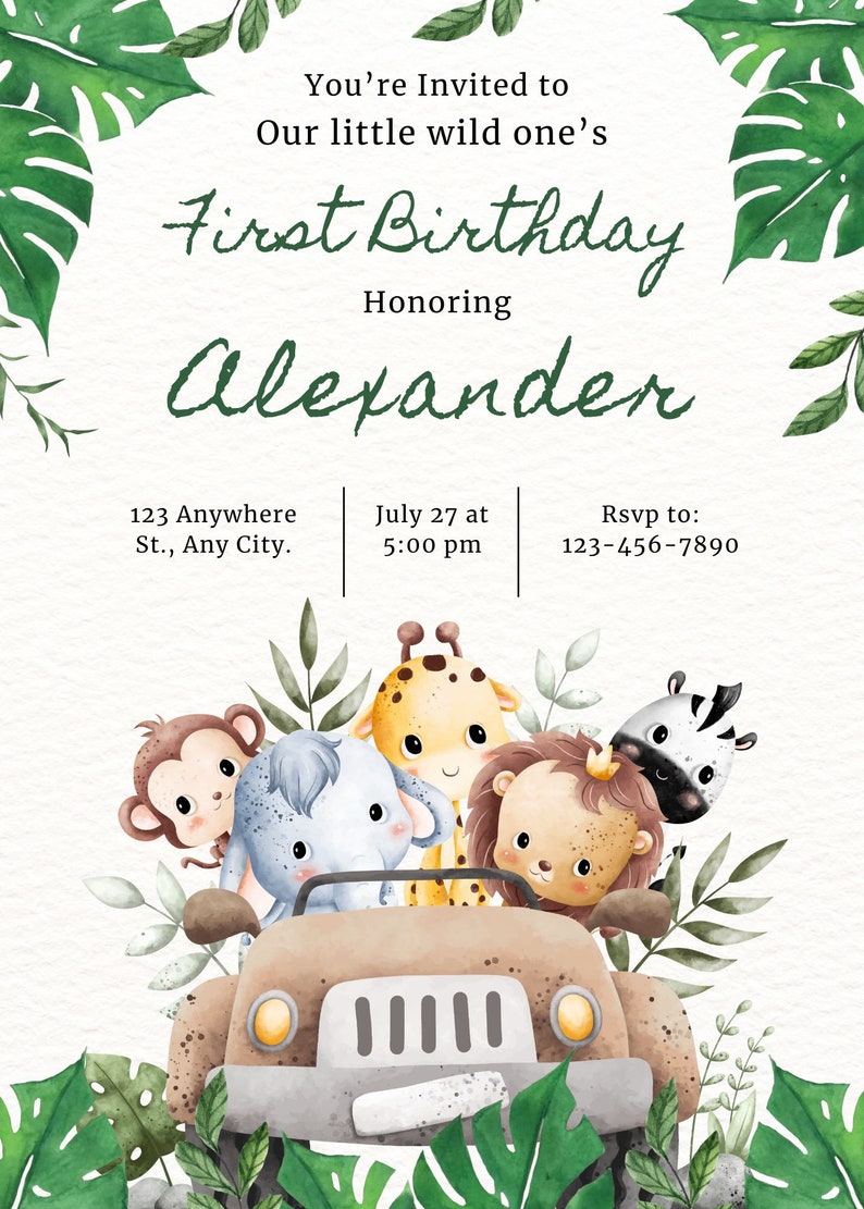 EDITABLE Safari First Birthday Invitation Wild One 1st Birthday Invite ...