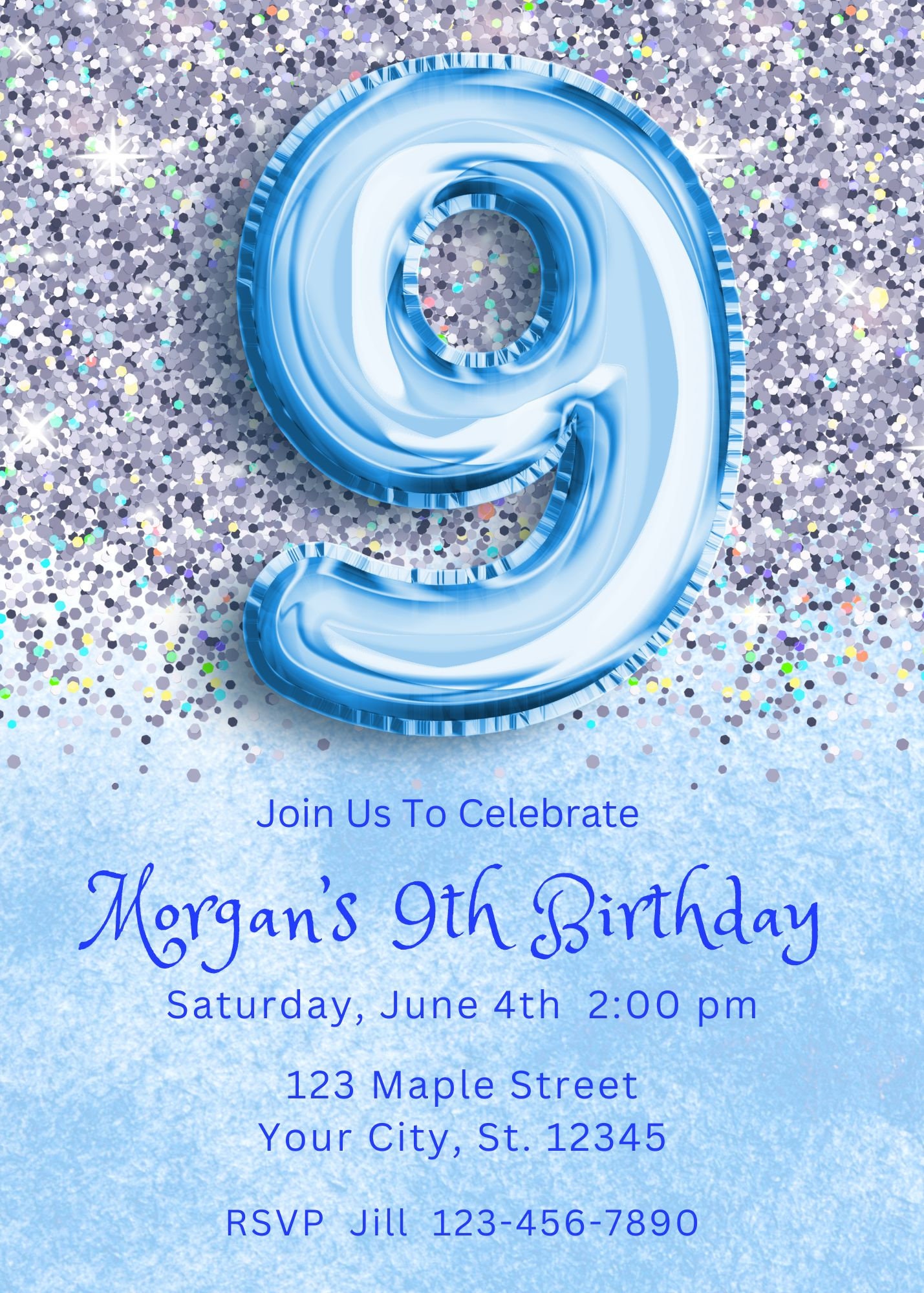 Editable 9th Birthday Invitation Template Blue Glitter Birthday Party ...