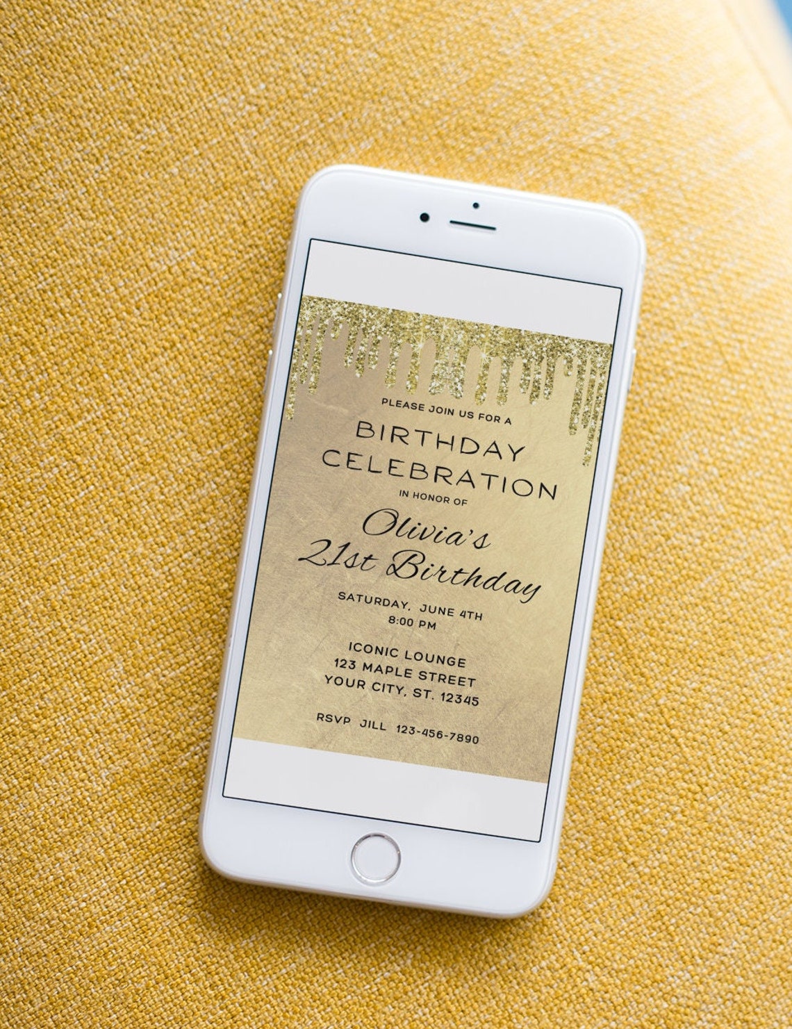 Editable Black and Gold Birthday Invitation Template Gold Glitter ...