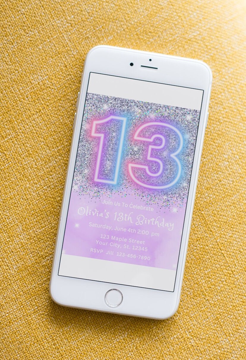Editable 13th Birthday Invitation Template Purple Glitter Birthday ...