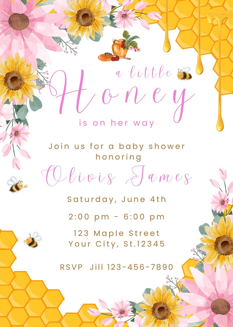 Editable Sunflower Pink Floral A Little Honey Bee Baby Shower ...