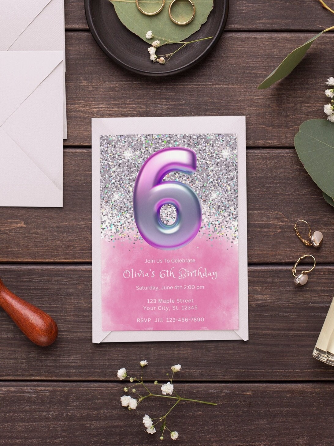 Editable Pink 6th Birthday Invitation Template Glitter Birthday Party ...