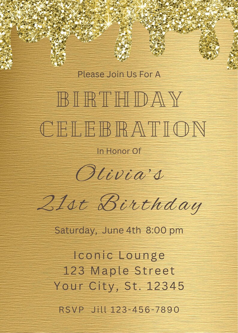 Editable Gold Birthday Invitation Template Gold Glitter Drip Dripping ...