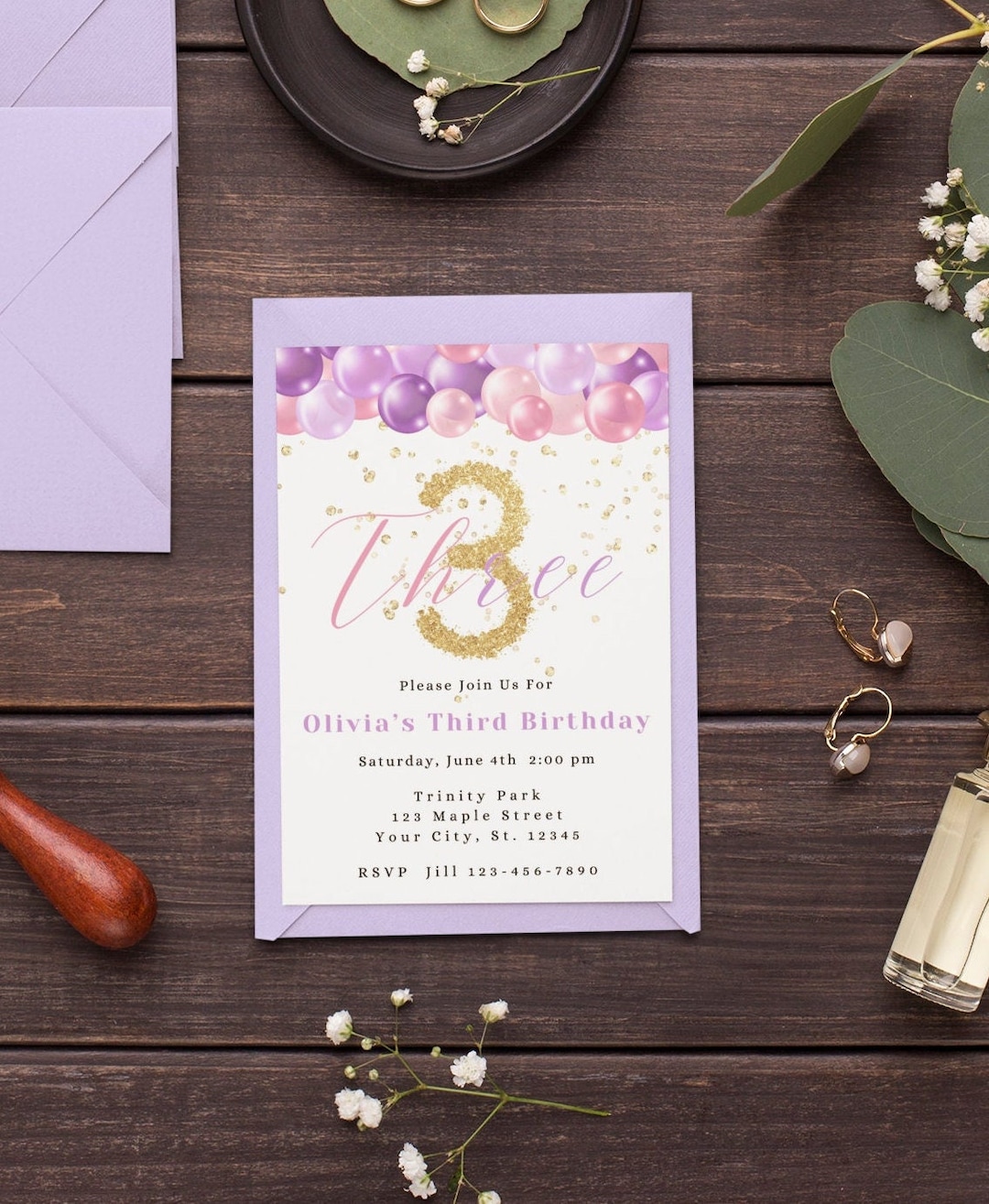Third Birthday Invitation Template Pink and Purple 3rd Birthday Invite ...