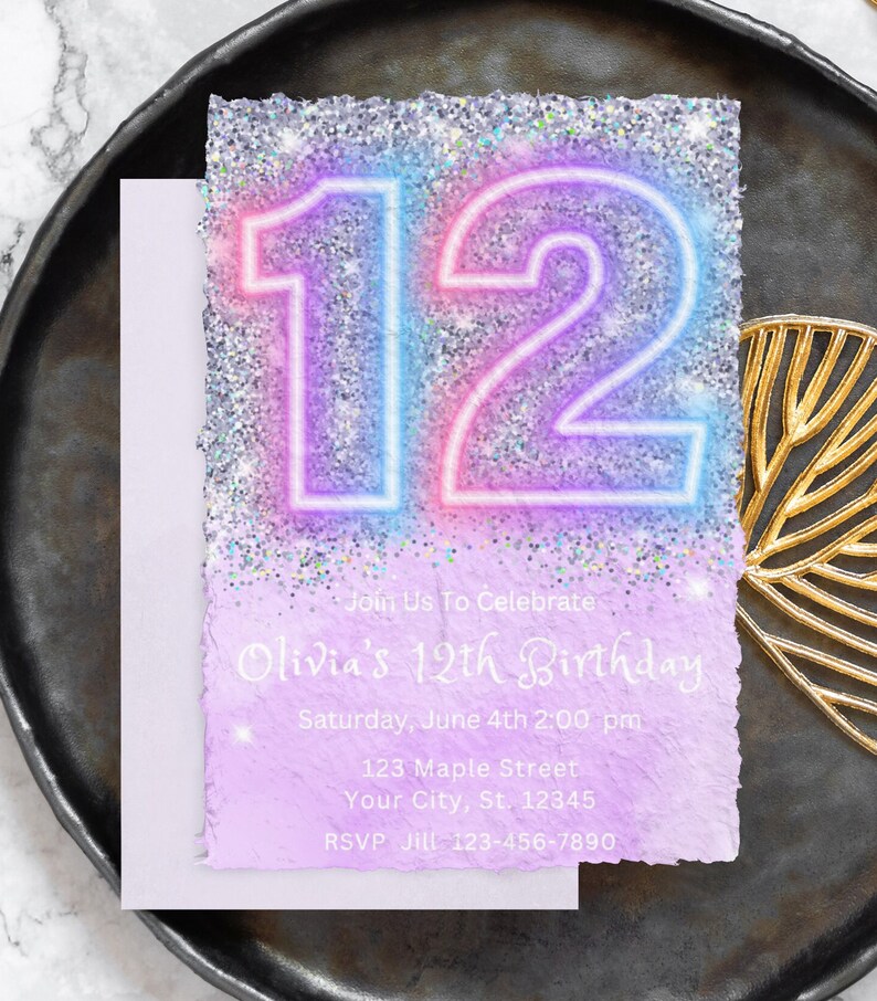 Editable 12th Birthday Invitation Template Purple Glitter Birthday ...