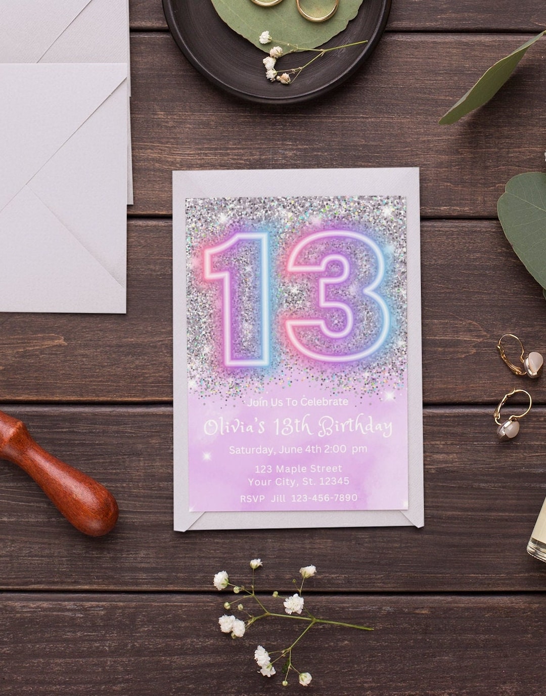 Editable 13th Birthday Invitation Template Purple Glitter Birthday ...