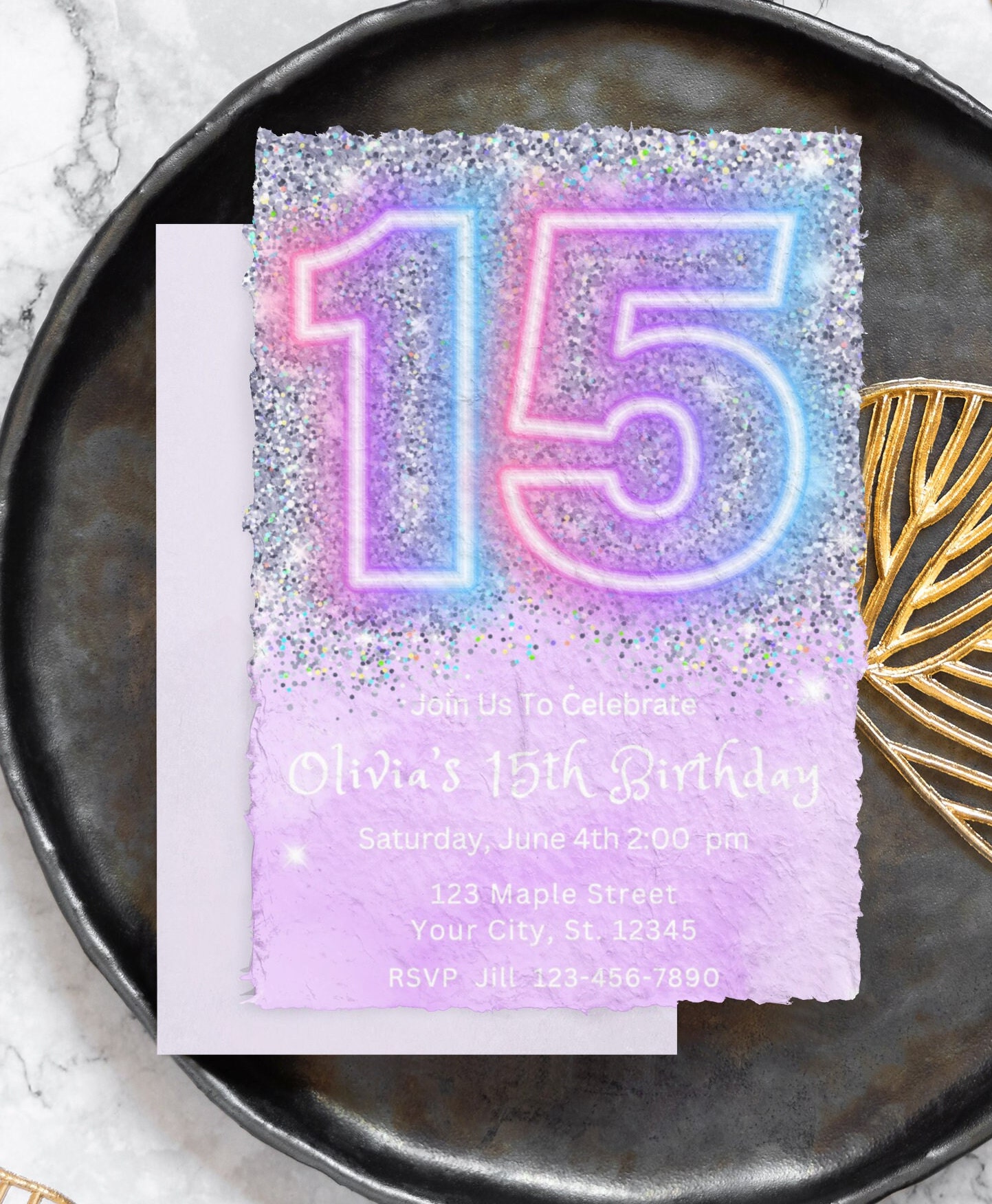 Editable 15th Birthday Invitation Template Purple Glitter Birthday ...