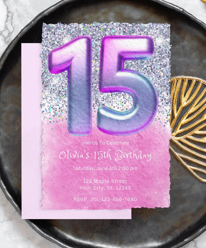 Editable Pink 15th Birthday Invitation Template Glitter Birthday Party Invite Quinceanera Girl ...