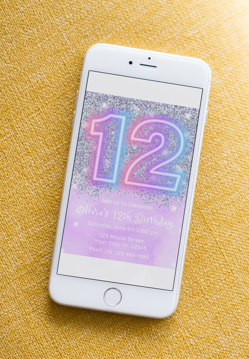 Editable 12th Birthday Invitation Template Purple Glitter Birthday ...