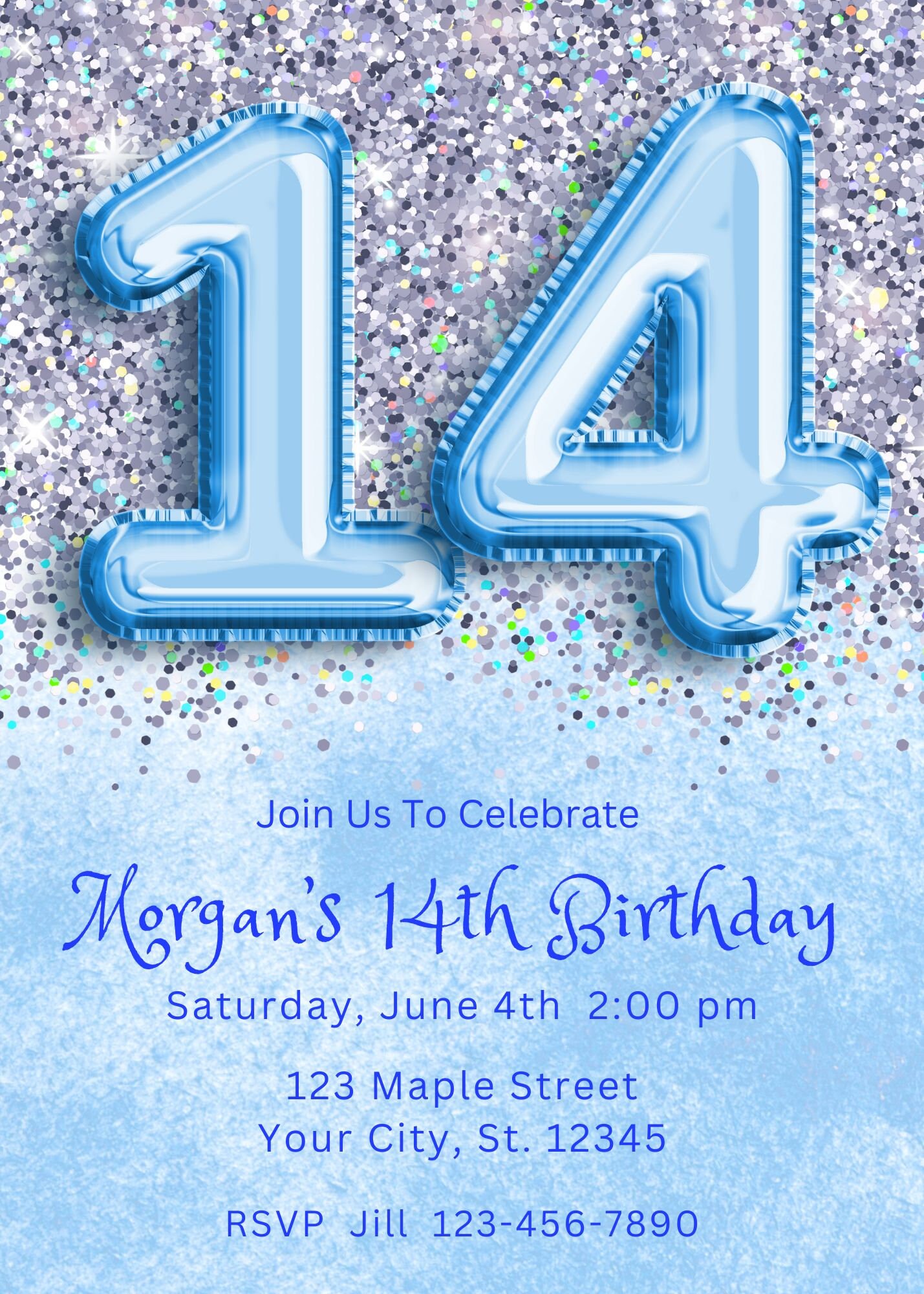 Editable 14th Birthday Invitation Template Blue Glitter Birthday Party ...