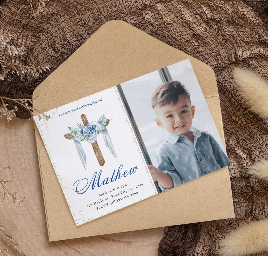 Editable Boy Baptism Invitation Template Christening Invitation With Photo Blue Christening ...