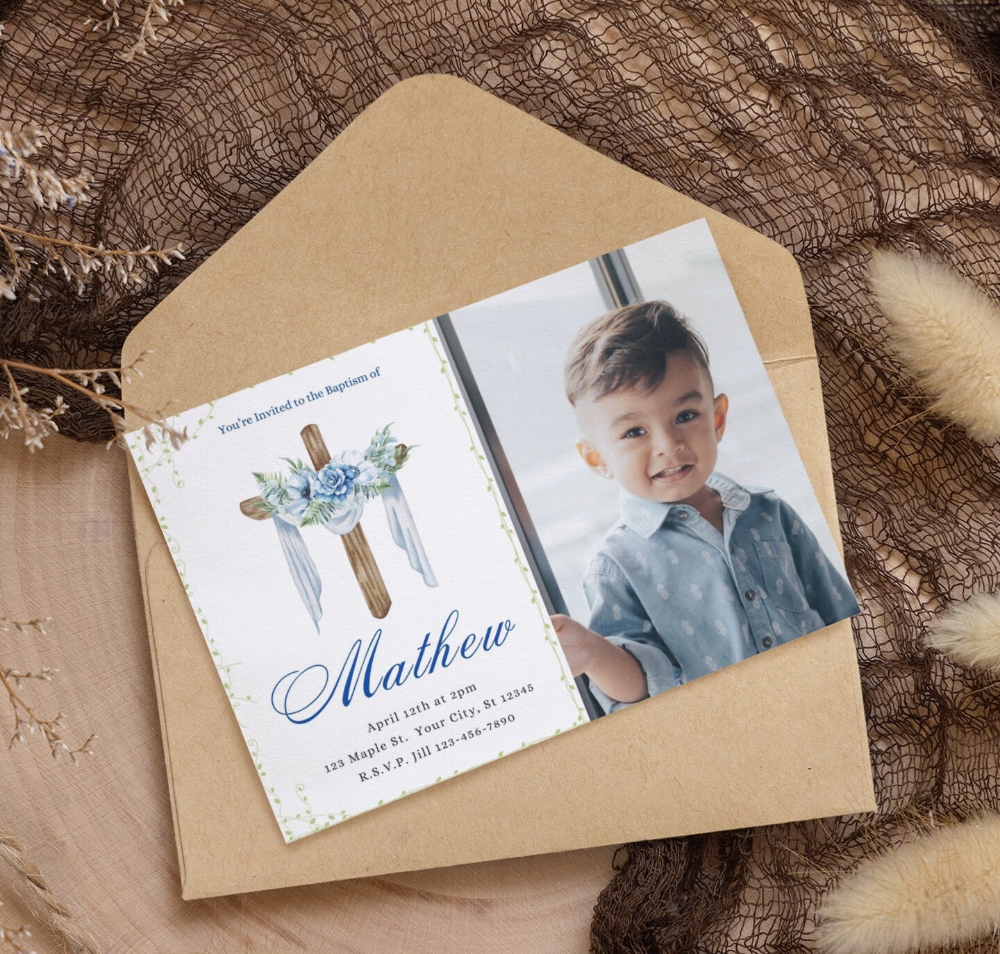 Editable Boy Baptism Invitation Template Christening Invitation With ...