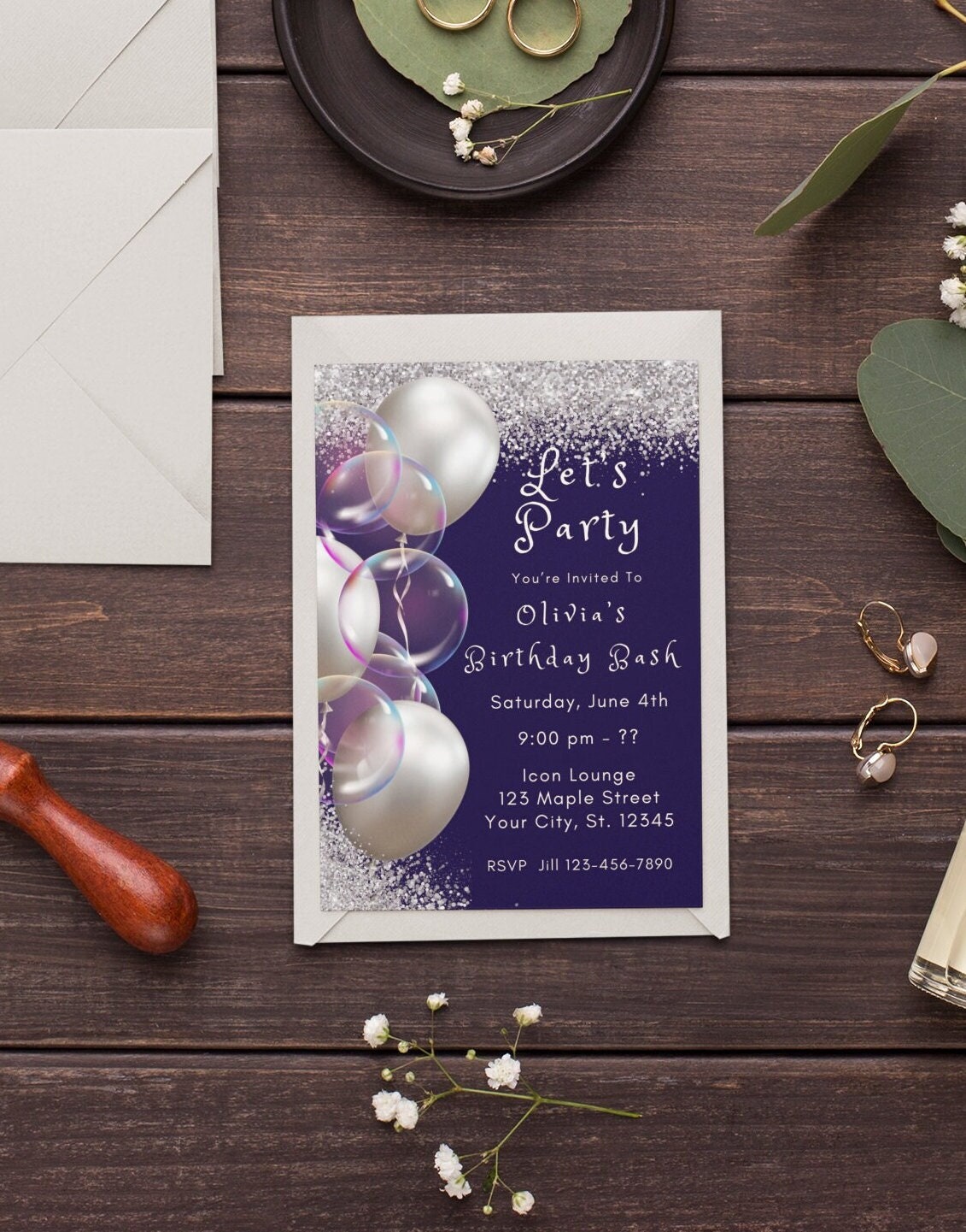 Editable Birthday Invitation Template Silver Glitter Invitation Let's ...