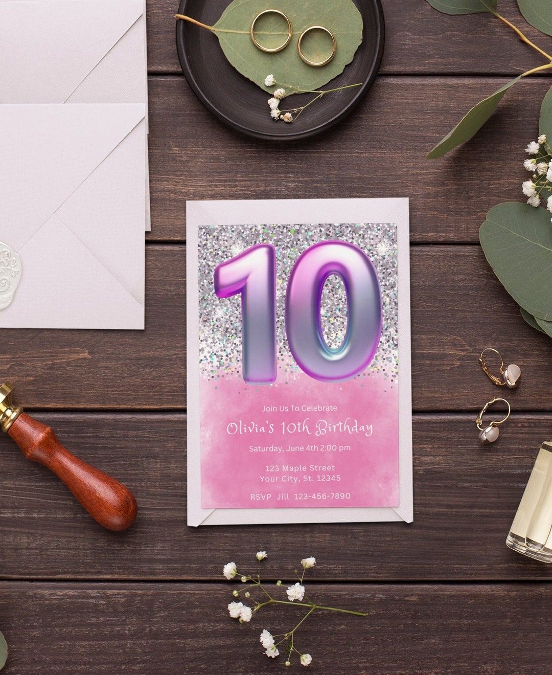 Editable Pink 10th Birthday Invitation Template Glitter Birthday Party ...