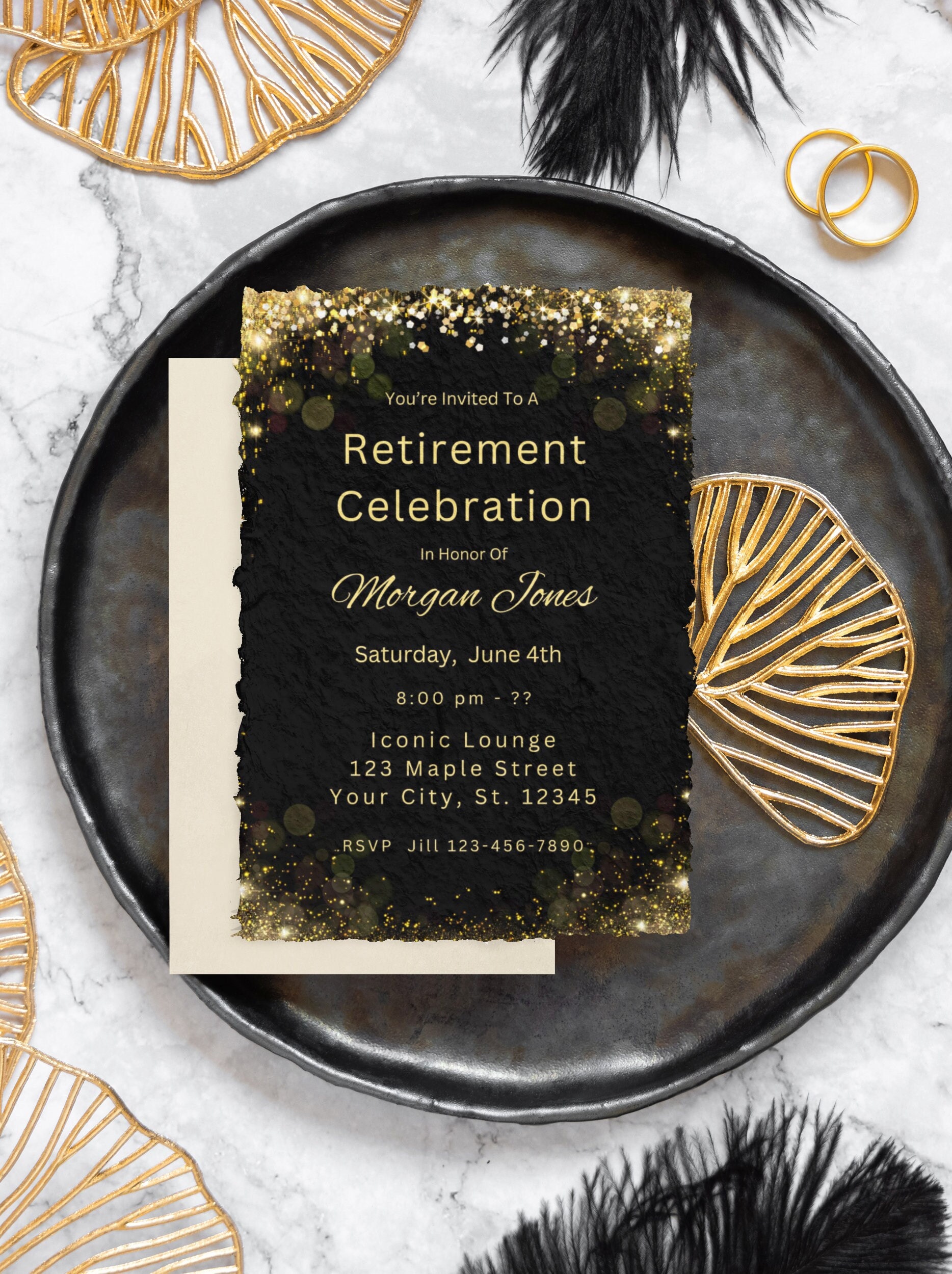Gold Glitter Retirement Invitation Template Editable Black and Gold Retirement Party Gold ...