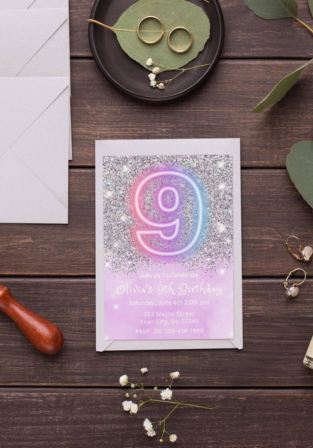 Editable 9th Birthday Invitation Template Purple Glitter Birthday Party ...