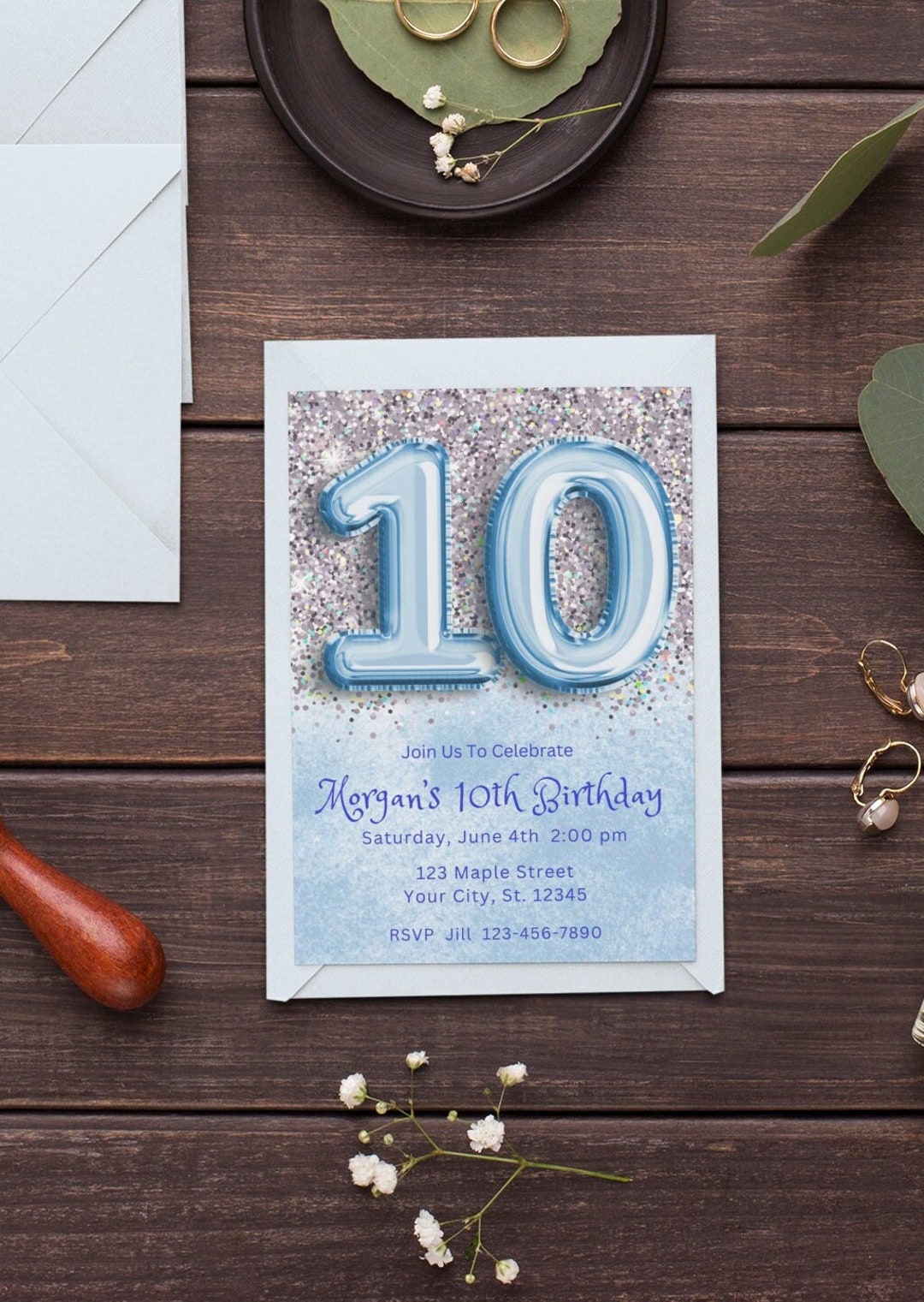 10th Birthday Invitation Template Blue Glitter Birthday Party Invite ...