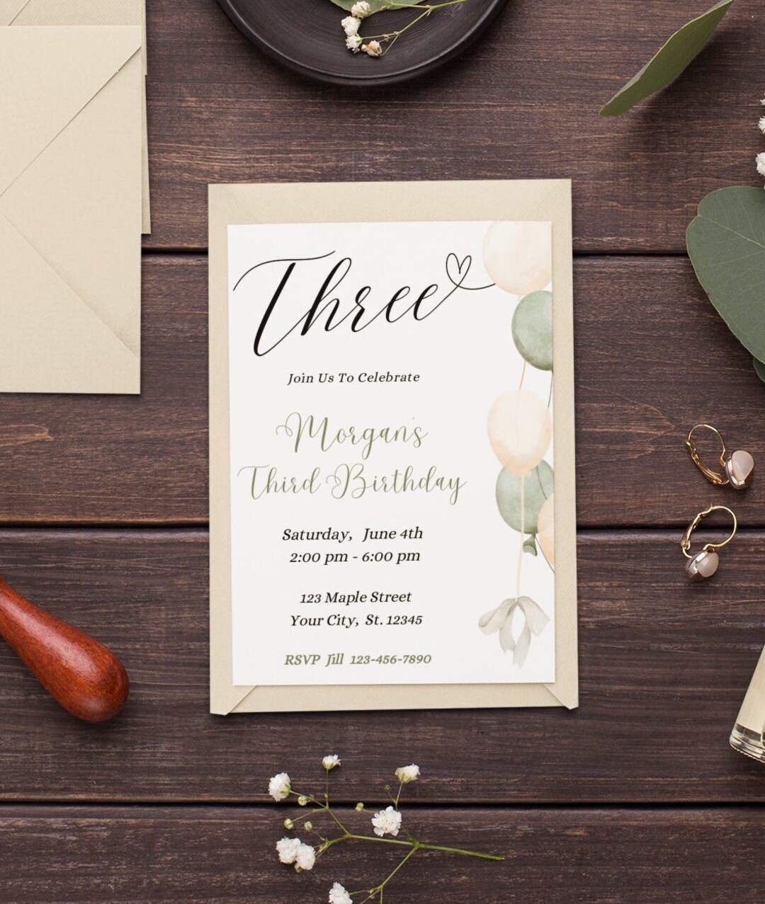 Editable 3rd Birthday Invitation Template Blush Balloons Third Birthday ...