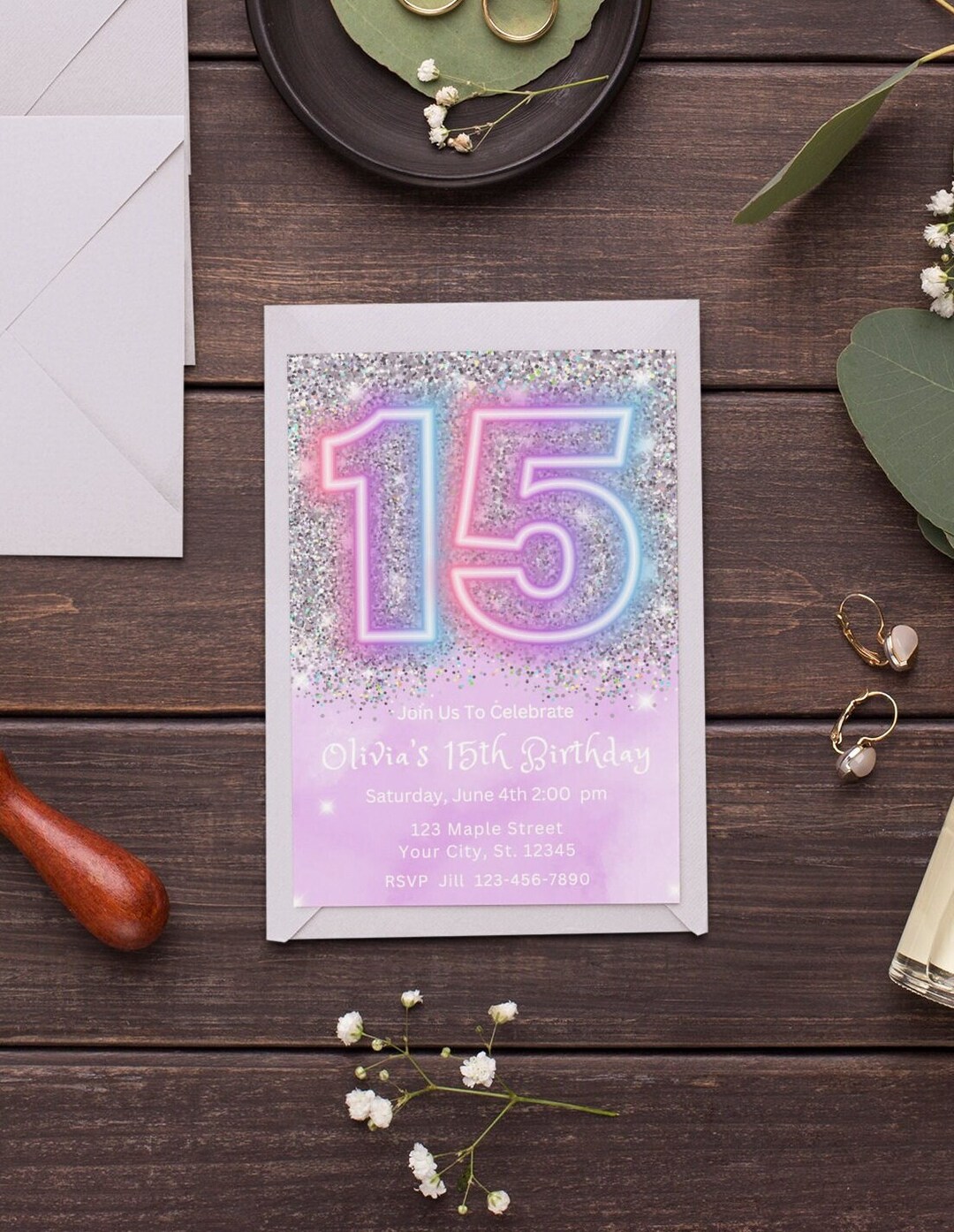 Editable 15th Birthday Invitation Template Purple Glitter Birthday ...