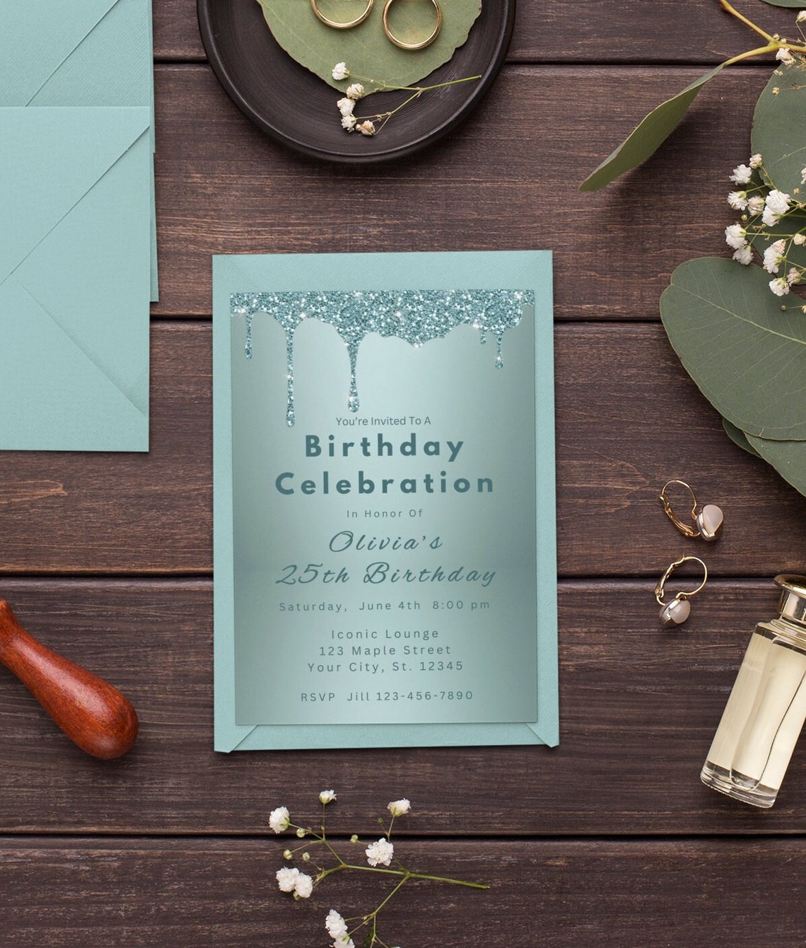 Editable 25th Birthday Invitation Template Teal Glitter Birthday Party ...
