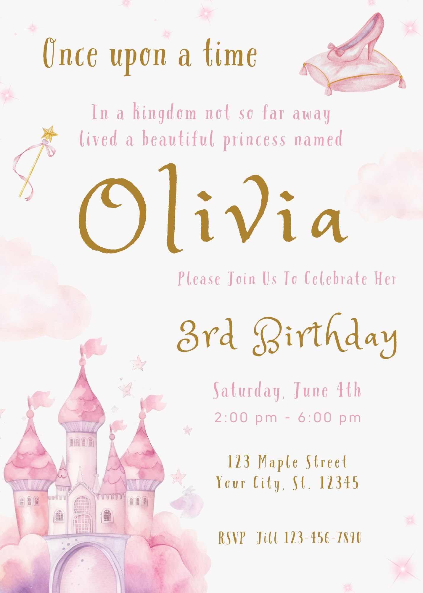Princess Birthday Invitation Girl Princess Birthday Party Invite Pink ...